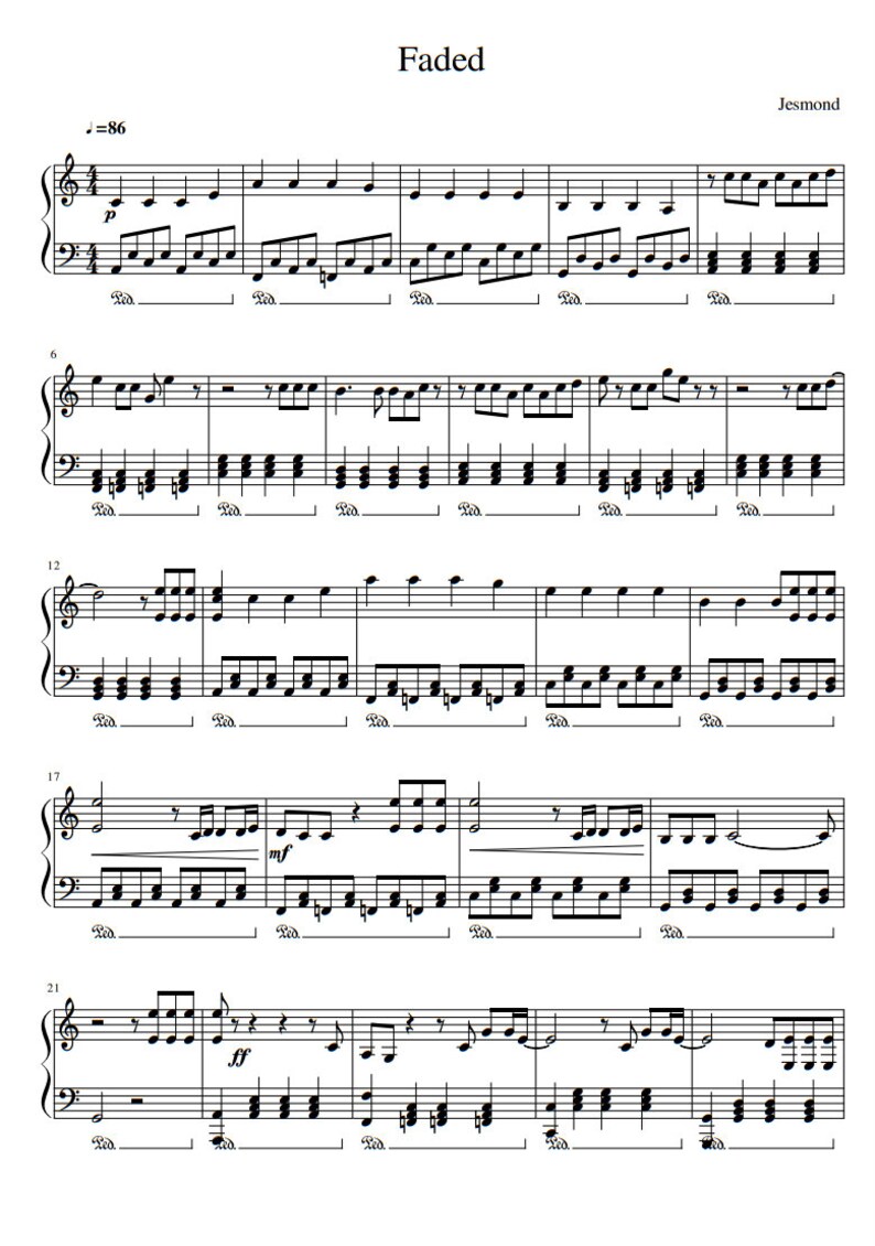 Alan Walker Faded hard Piano Sheet Music - Etsy