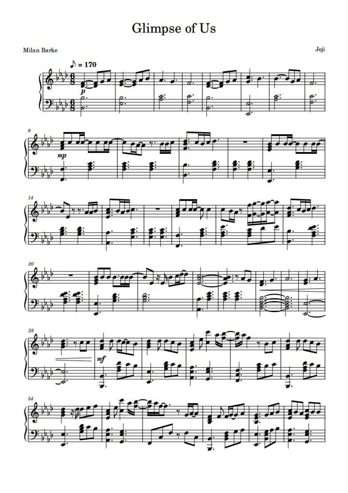 Joji Glimpse of Us piano Sheet Music PDF - Etsy