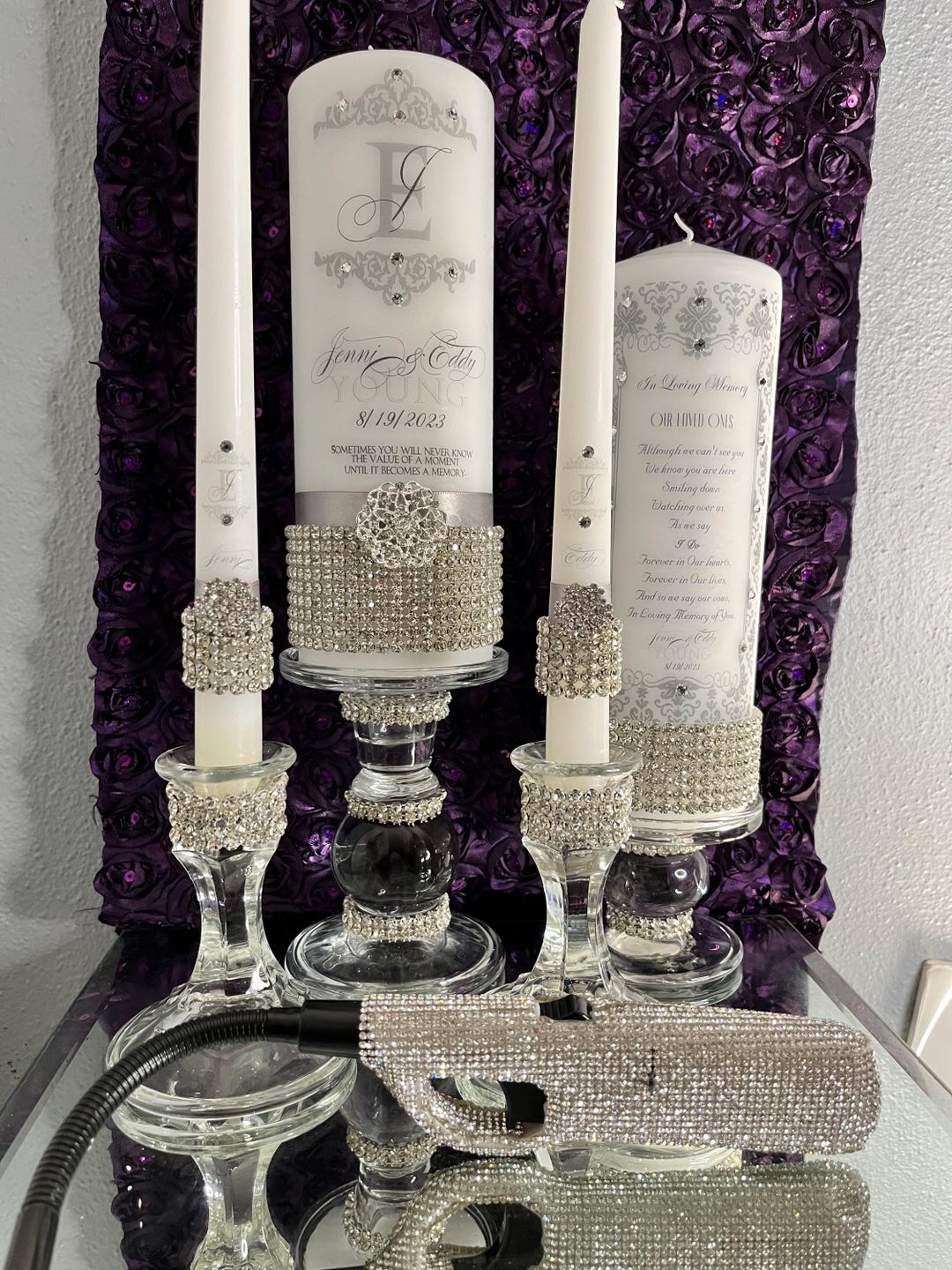 Personalized Blinged Wedding Unity Candle Set With Matching Glass ...