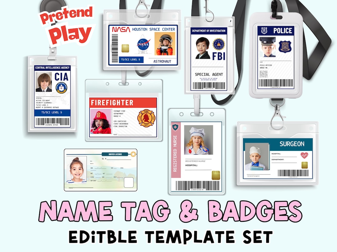 Kids Pretend Play ID Card Set: Editable Job Badges (digital Download ...