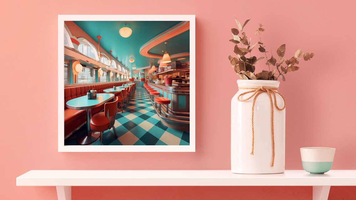 1950s American Diner in Blue Poster Candy Diner Print Retro Prints ...