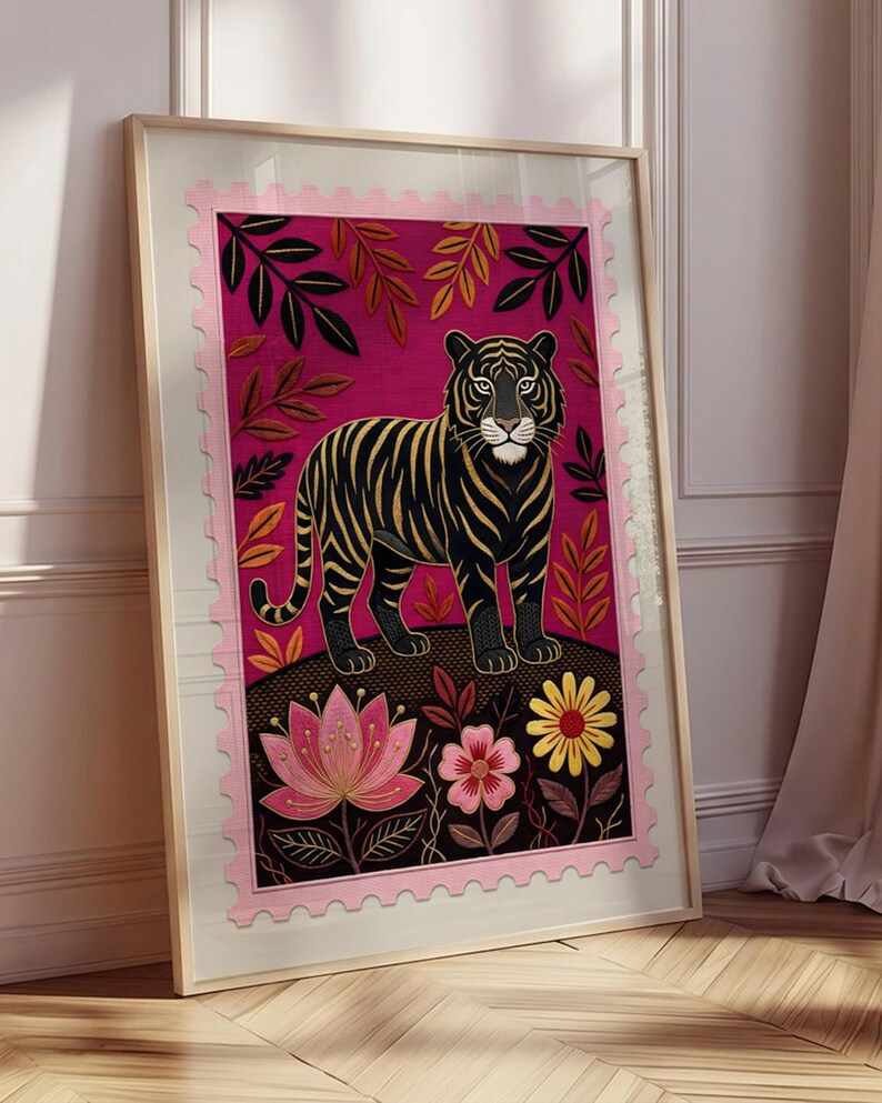 Indian Folk Art Tiger Print, Naive Jungle Painting, Colorful Wall Decor ...