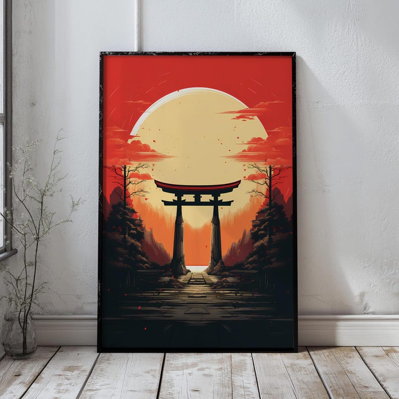 Japanese Torii Gate Sunset Print – Japandi Style Wall Art (red Orange ...