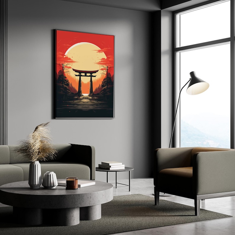 Japanese Torii Gate Sunset Print – Japandi Style Wall Art (red Orange ...