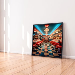 1950s Neon American Diner With Checkers Floor Poster | Retro Prints ...