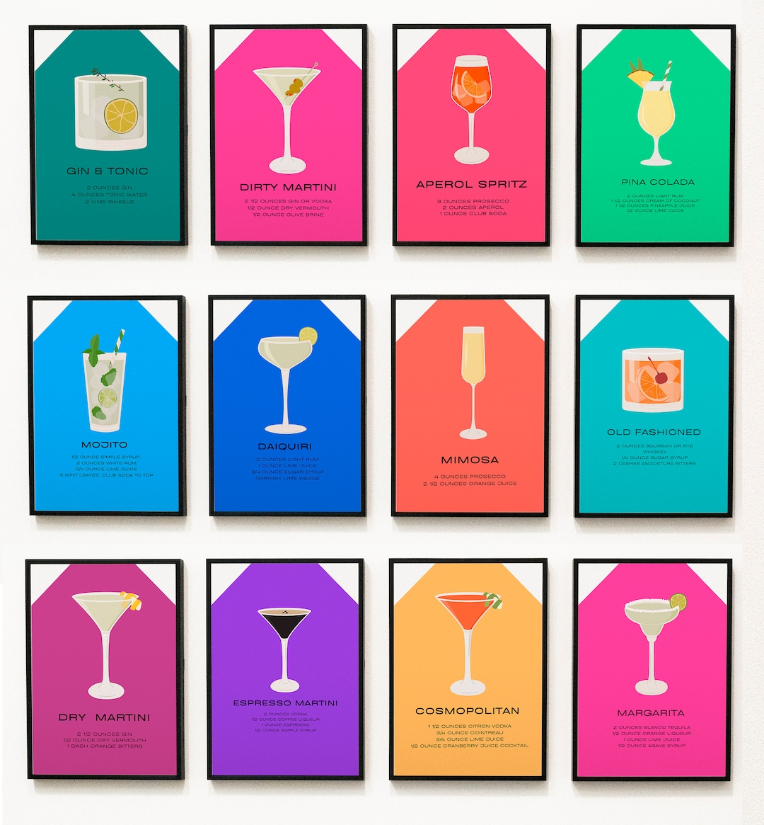Set of 12 Cocktails Recipe Posters Retro Style Cocktail Posters Digital ...