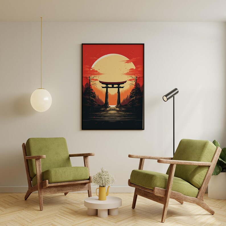 Japanese Torii Gate Sunset Print – Japandi Style Wall Art (red Orange ...