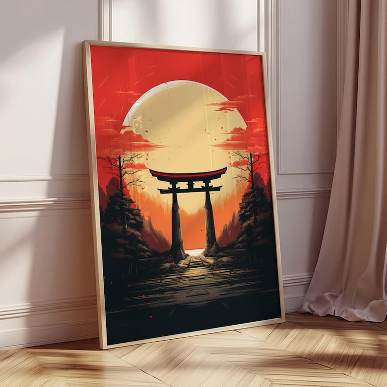 Japanese Torii Gate Sunset Print – Japandi Style Wall Art (red Orange ...