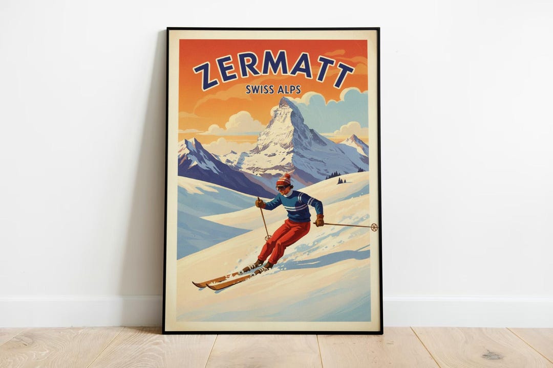 Zermatt Swiss Alps Retro Ski Poster – Vintage Ski Poster, Ski Resort ...