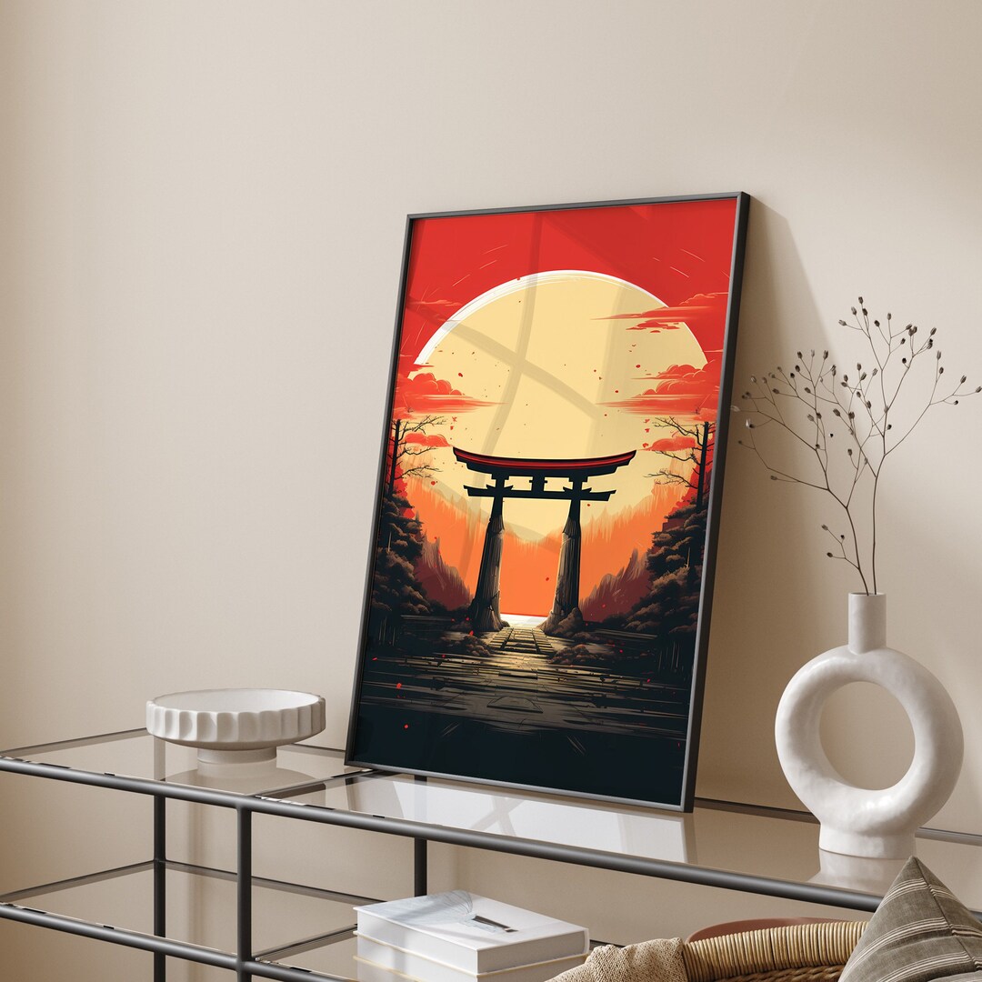 Japan Sunset Drawing Torii Gate Poster Japanese Poster, Japanese Prints ...