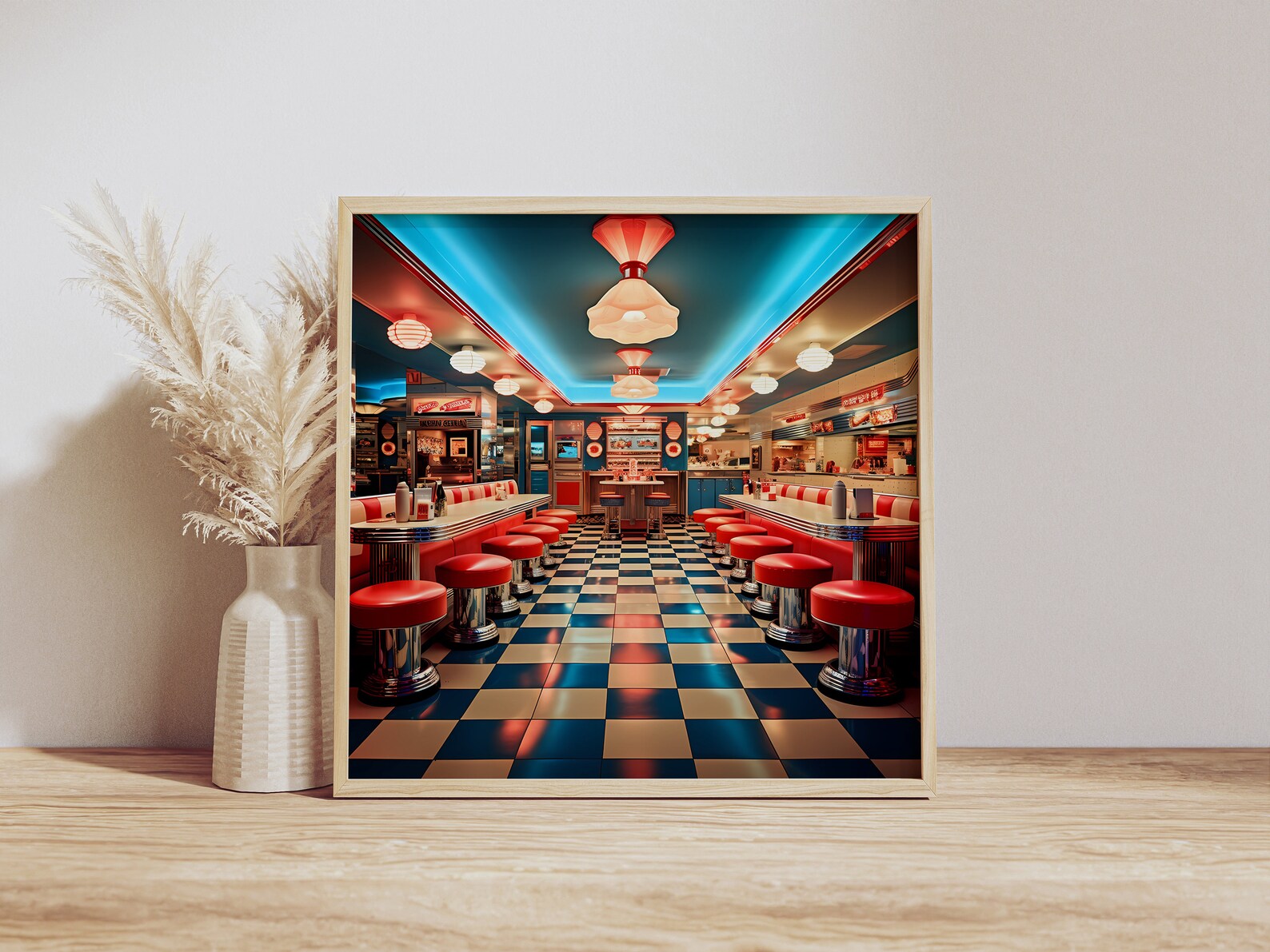 1950s Neon American Diner With Checkers Floor Poster | Retro Prints ...
