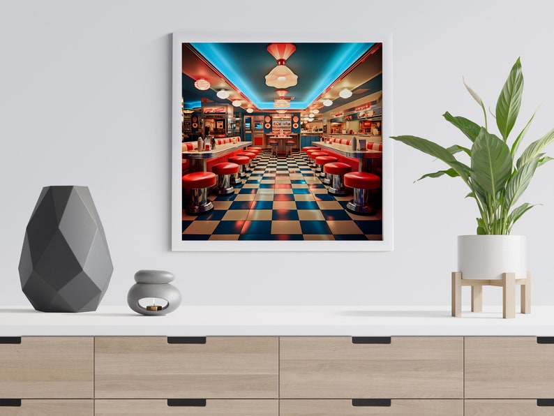 1950s Neon American Diner With Checkers Floor Poster | Retro Prints ...