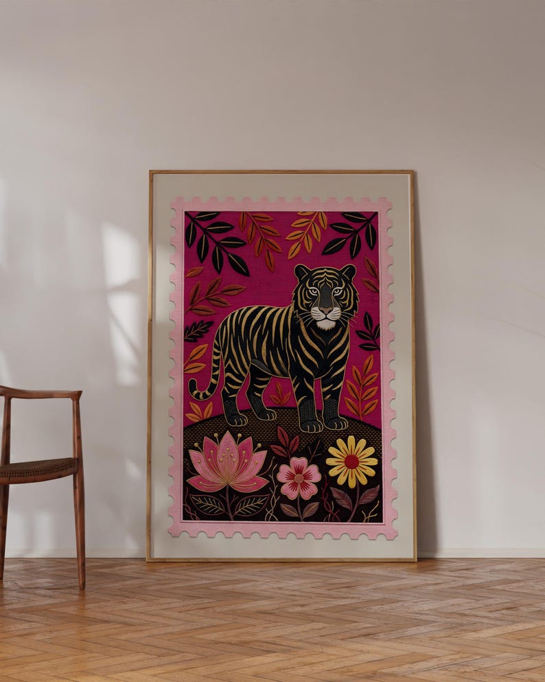 Indian Folk Art Tiger Print, Naive Jungle Painting, Colorful Wall Decor ...