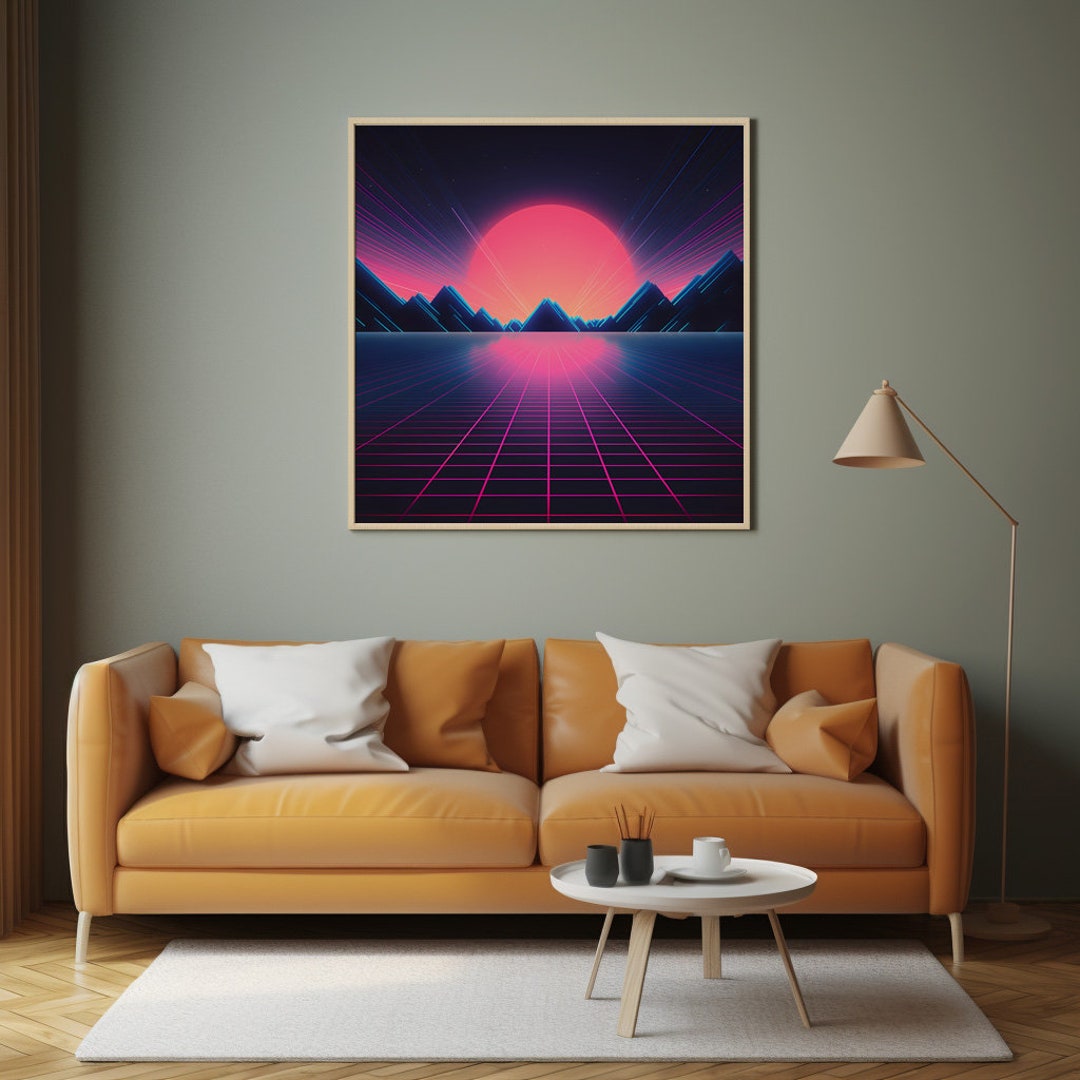 Retrowave 80s Mountain Line Sunset Poster - Etsy