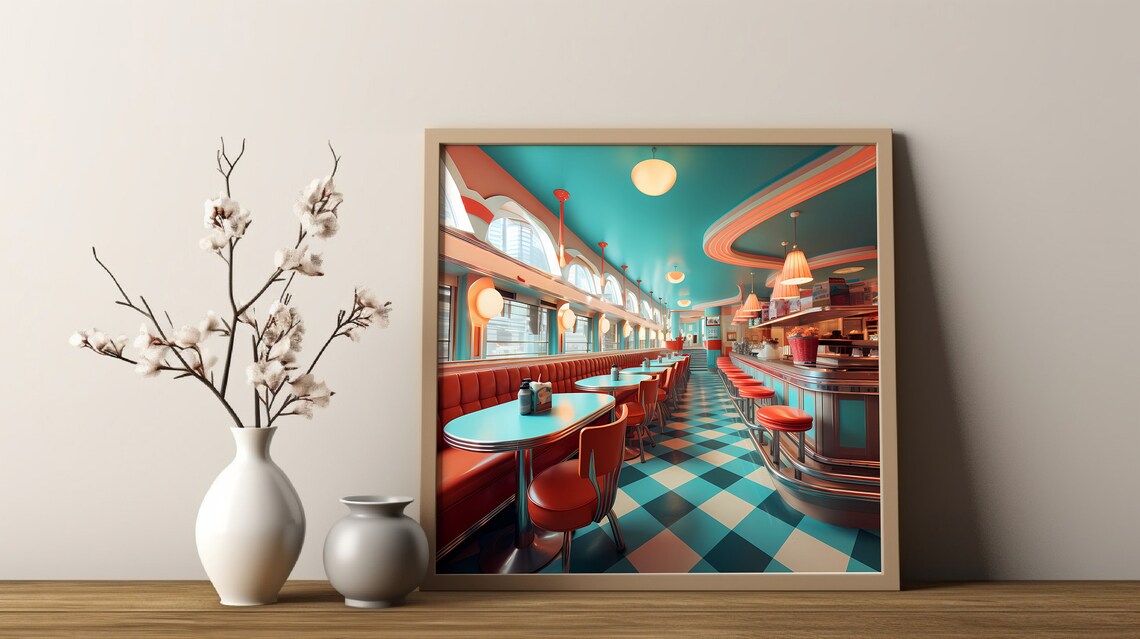 1950s American Diner in Blue Poster Candy Diner Print Retro Prints ...