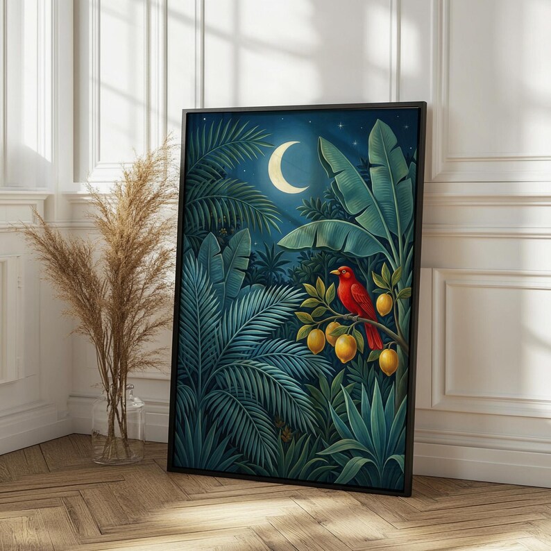 Jungle Nocturne Art Print, Rousseau Style Naïve Art, Scarlet Bird Wall ...