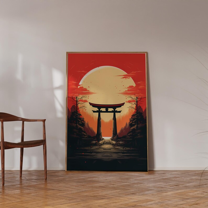 Japanese Torii Gate Sunset Print – Japandi Style Wall Art (red Orange ...