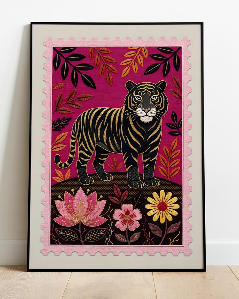 Indian Folk Art Tiger Print, Naive Jungle Painting, Colorful Wall Decor ...