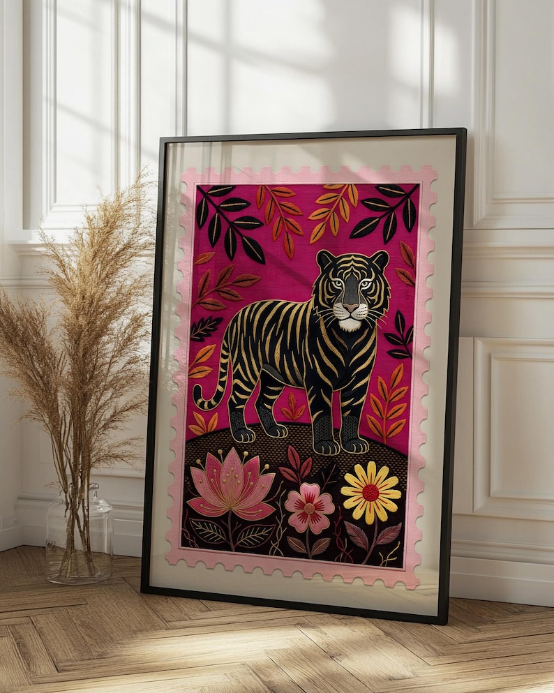 Indian Folk Art Tiger Print, Naive Jungle Painting, Colorful Wall Decor ...