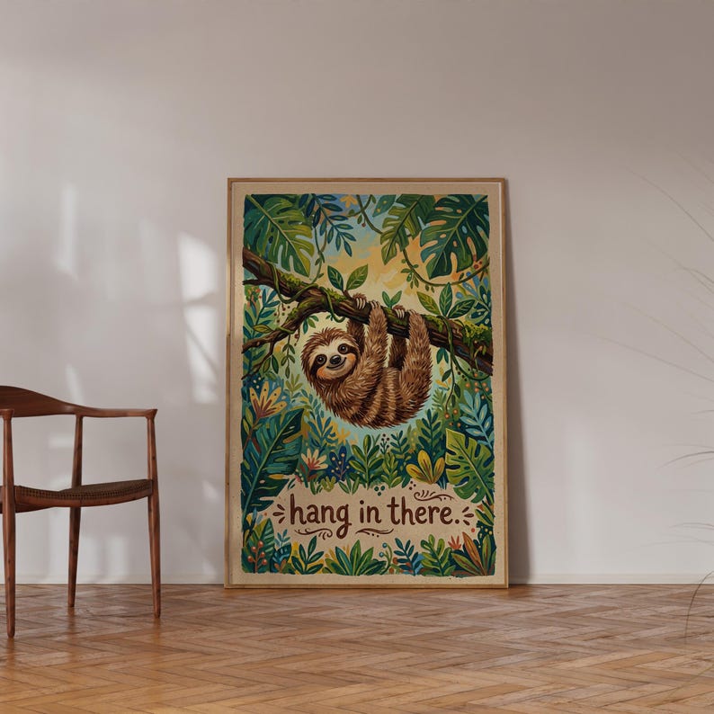 Sloth Print Naive Art Style Hanging Tree – Encouraging Hang in There ...