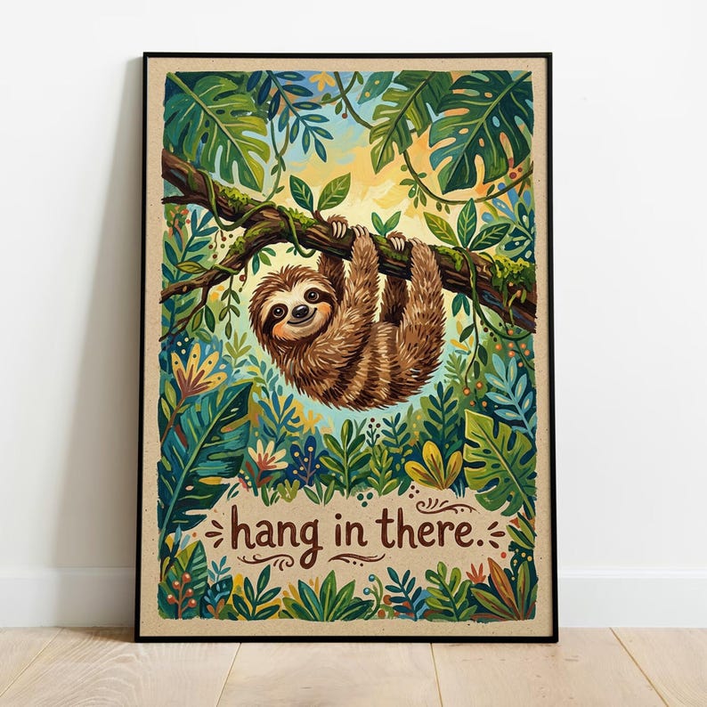 Sloth Print Naive Art Style Hanging Tree – Encouraging Hang in There ...