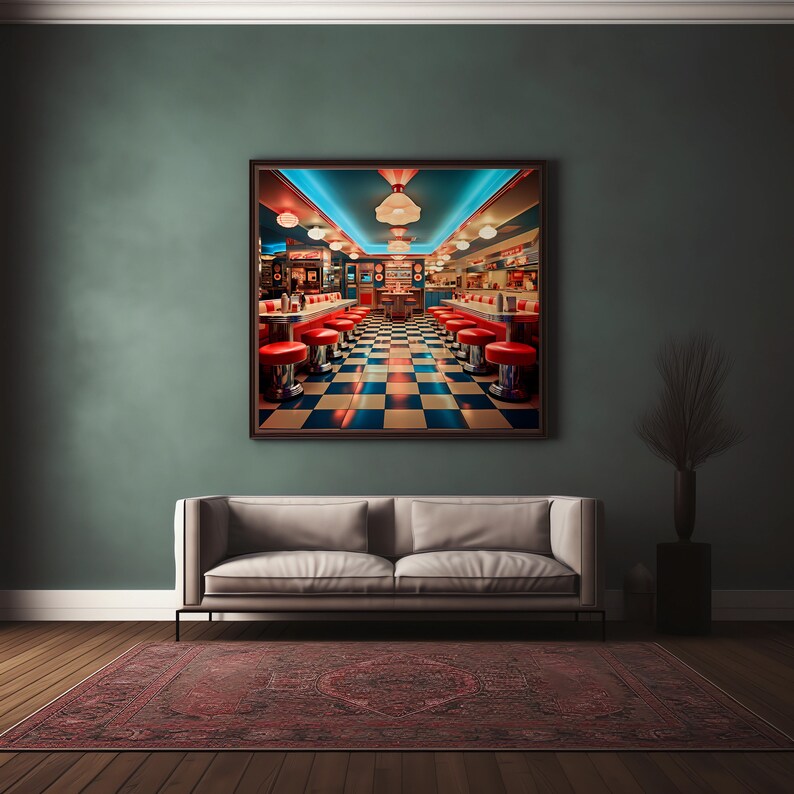 1950s Neon American Diner With Checkers Floor Poster | Retro Prints ...