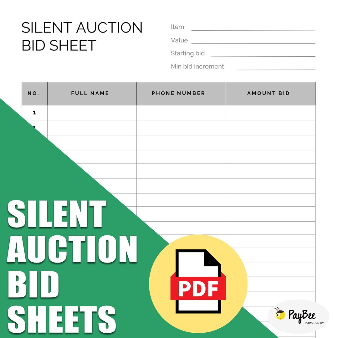Silent Auction Bid Sheet - Fundraising Event, Event Planning, PDF ...