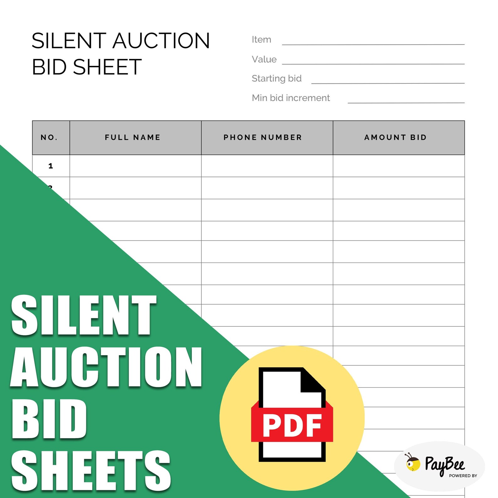 Silent Auction Bid Sheet - Fundraising Event, Event Planning, PDF ...
