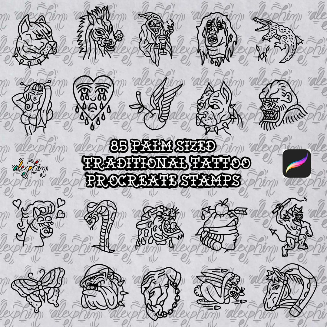85 Bundle Procreate Traditional Tattoo Stamps Palm Size | Digital Trad Apprentice Sailor Jerry ...