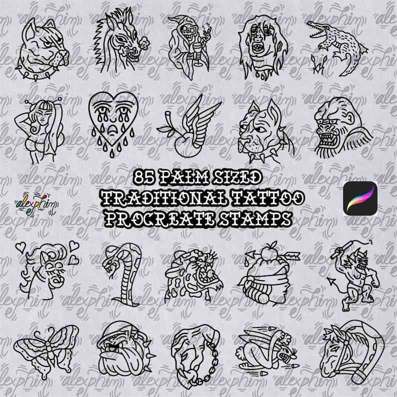 85 Bundle Procreate Traditional Tattoo Stamps Palm Size | Digital Trad ...