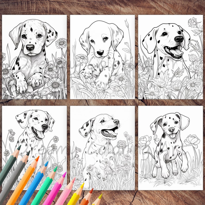 Dalmation Dogs Coloring Page Book, Grayscale Coloring Book, Coloring ...