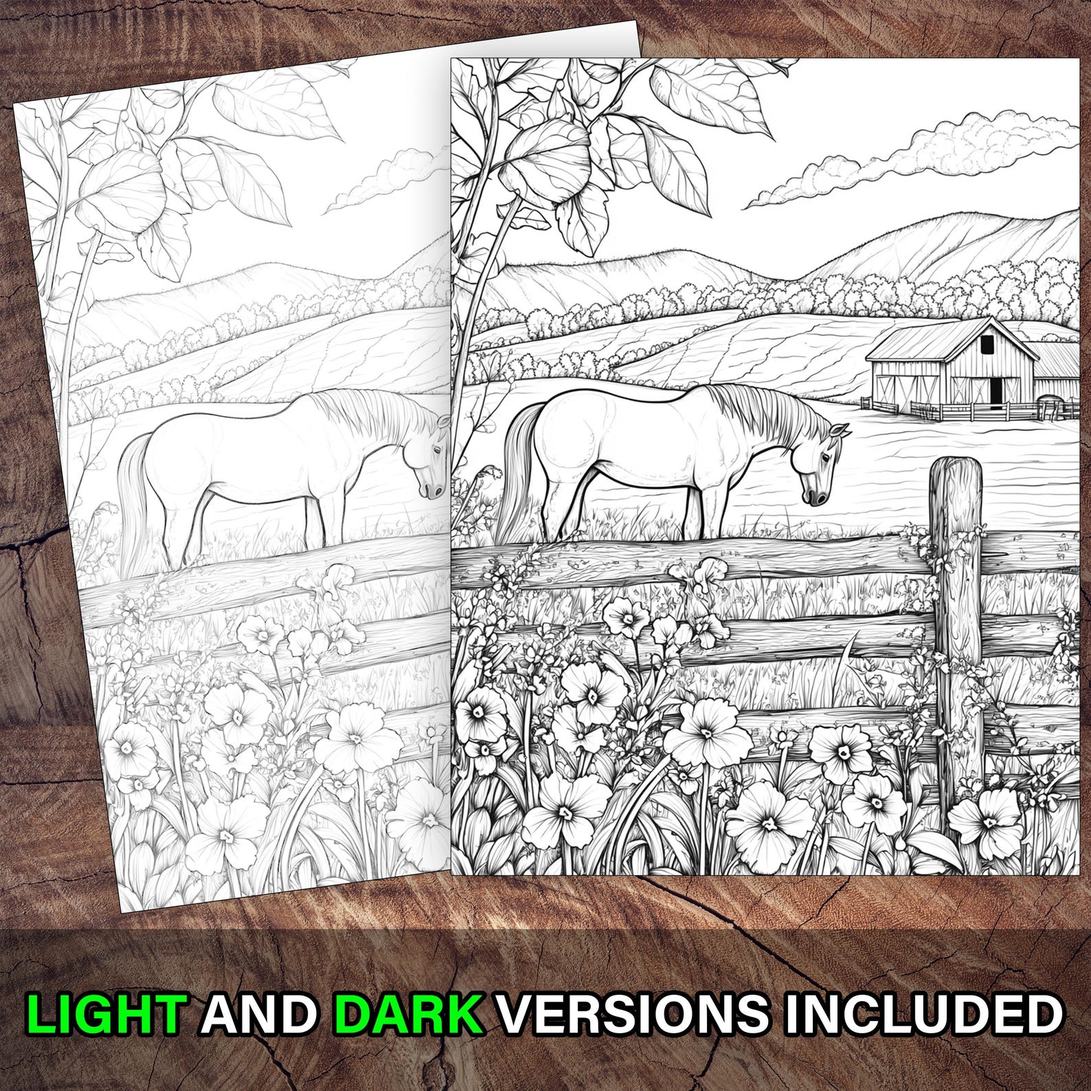 50 Country Farm Scenes Coloring Pages | Floral Horses Coloring Book ...