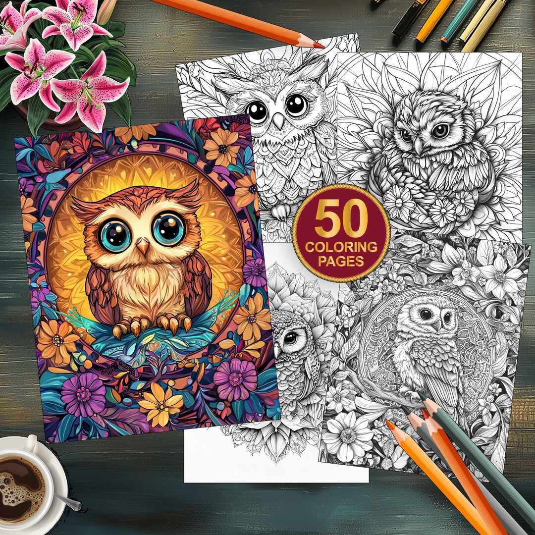 50 Baby Owl Mandala Coloring Pages | Grayscale Mandala Printable Art ...