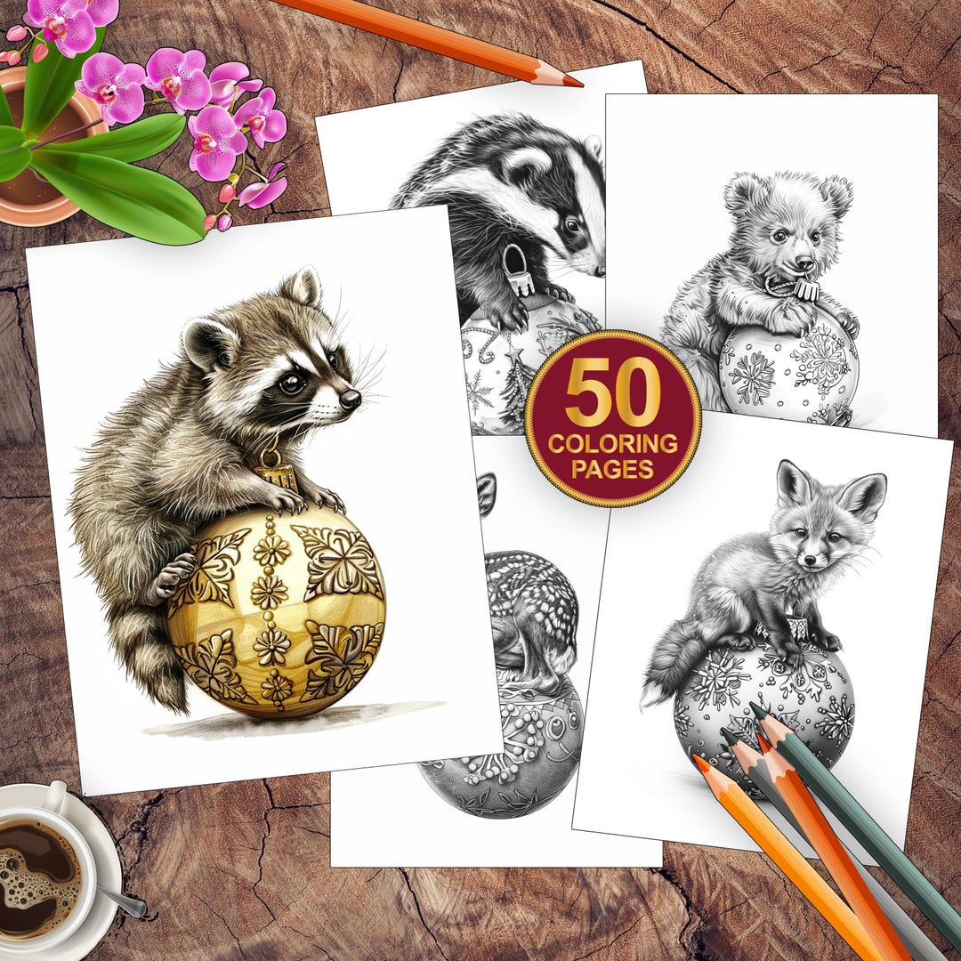 50 Woodland Christmas Critters Coloring Book | Adults + Kids Instant ...