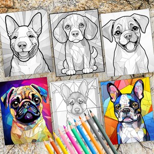 Stained Glass Dogs Coloring Page Book, Instant Download Grayscale ...