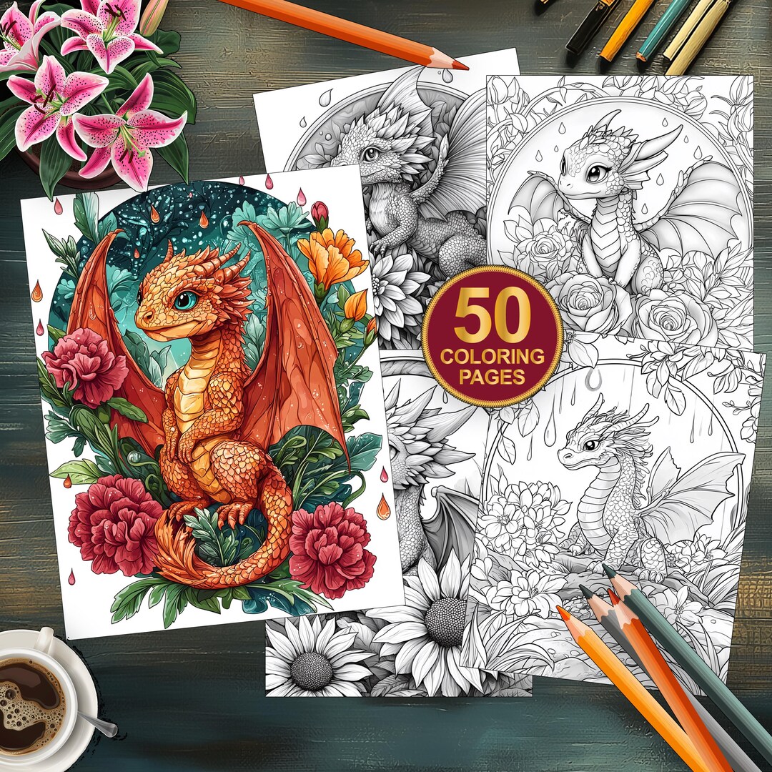 50 Baby Dragon Floral Coloring Pages | Fantasy Coloring | Adults + Kids ...