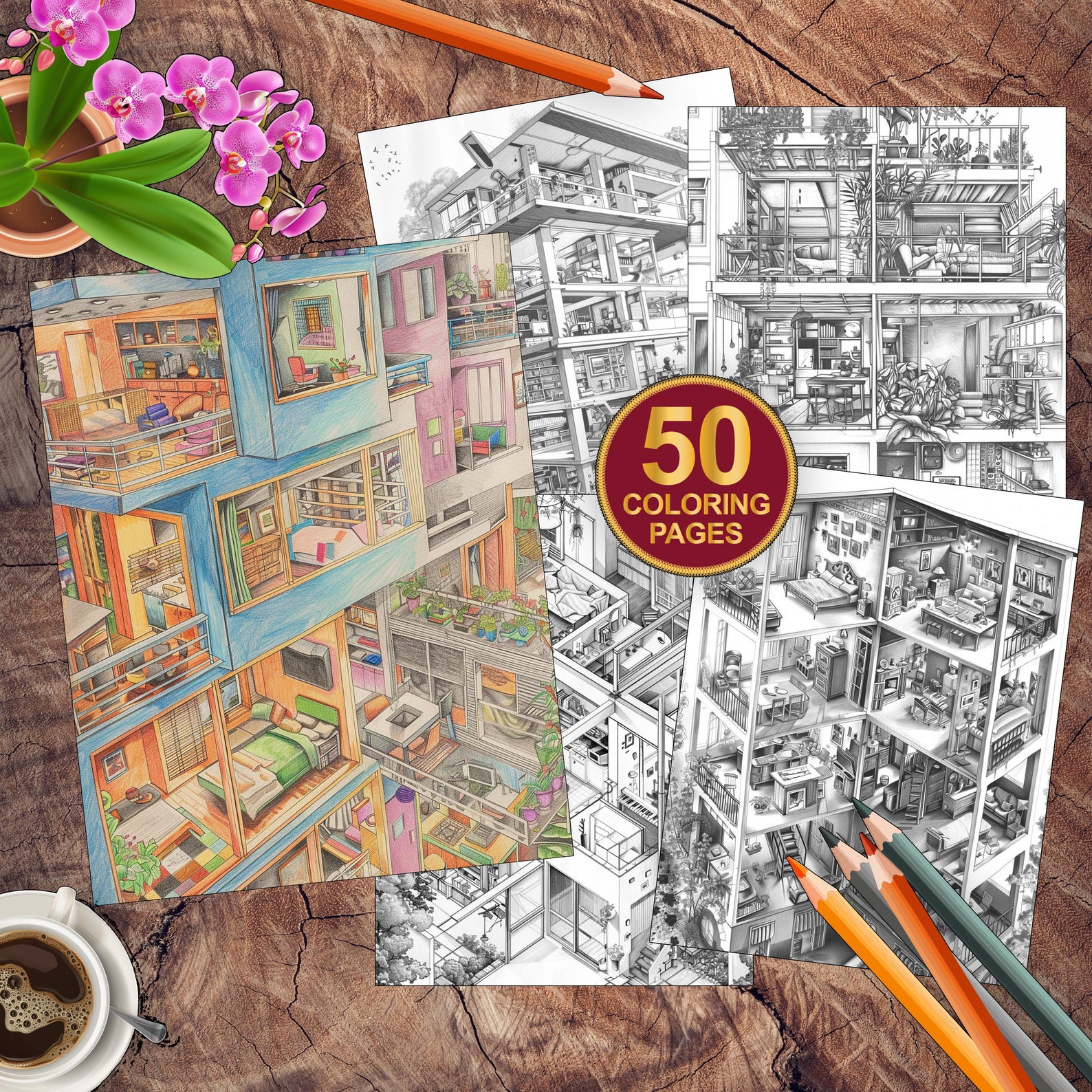 50 Apartment Homes Coloring Pages Vol. 2 House Adult Coloring Pages ...