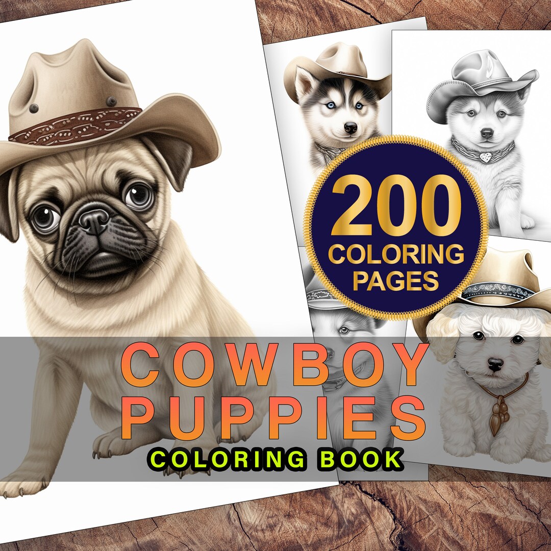 Cowboy Dogs Coloring Book, Adults + Kids, Instant Download, Grayscale ...