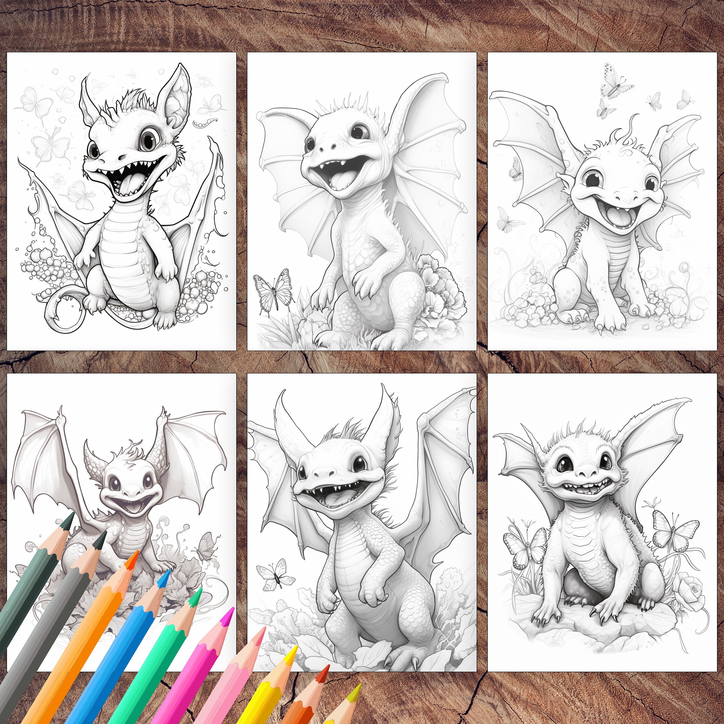 Baby Dragon Coloring Page Book Dragons Chasing Butterflies - Etsy