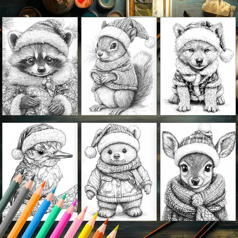 50 Woodland Animals in Winter Clothes | Animal Coloring Pages | Adults ...
