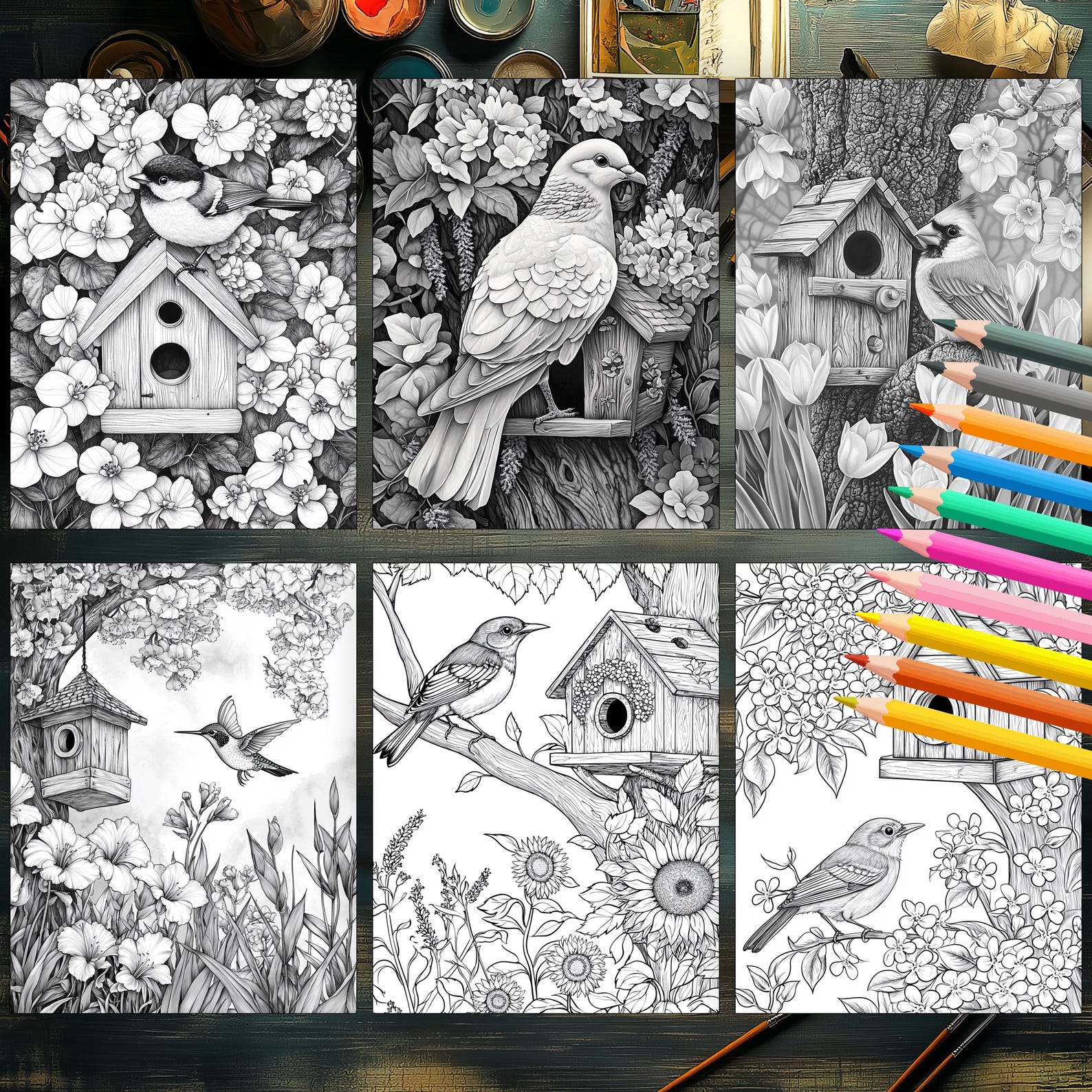 50 Bird House Coloring Pages | Cute Bird Houses | Floral Fantasy ...