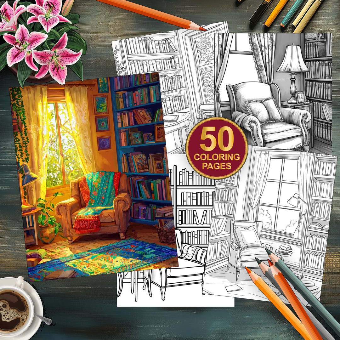 50 Cozy Libraries Coloring Pages | Printable Adult Coloring Book ...