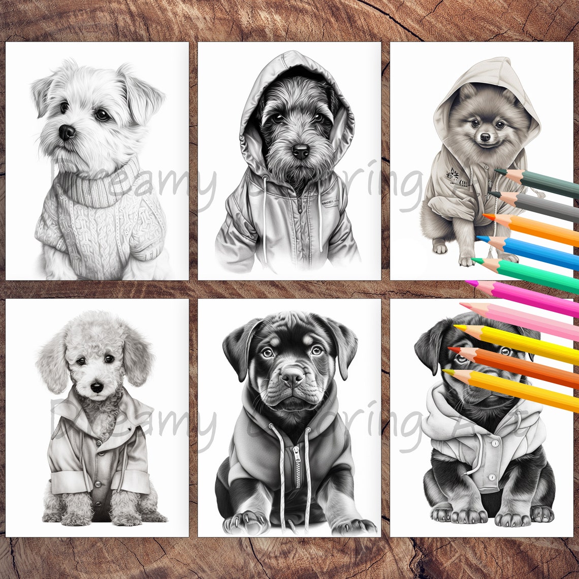 Dogs Coloring Page Book, Adults Kids, Instant Download Grayscale ...