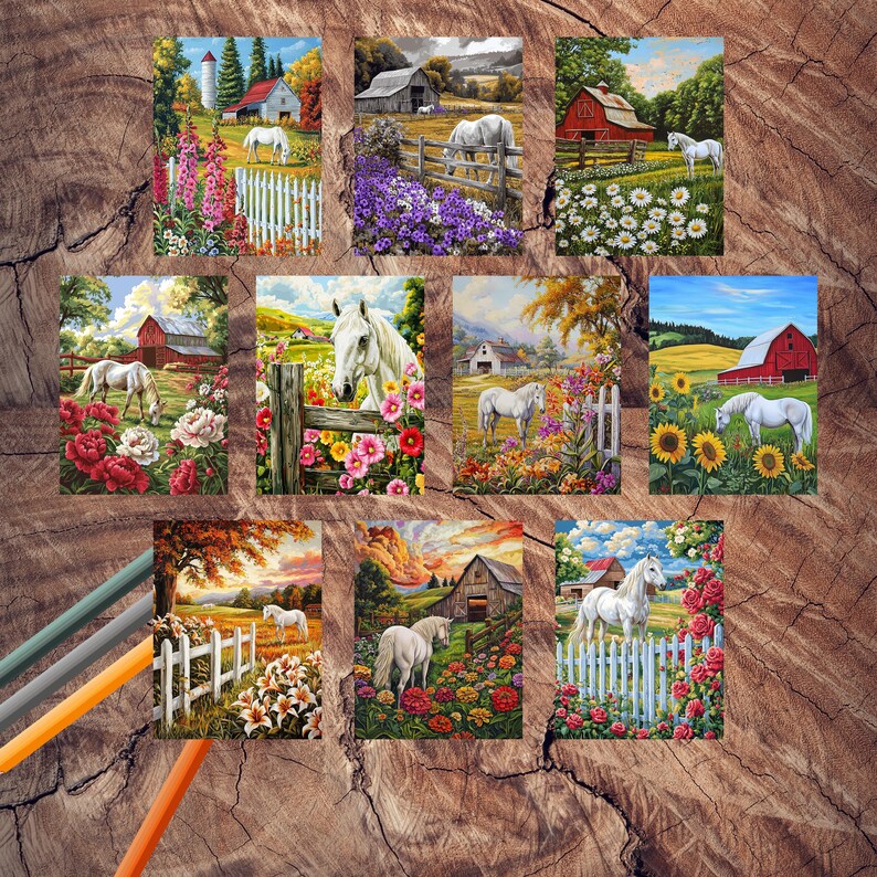 50 Country Farm Scenes Coloring Pages | Floral Horses Coloring Book ...
