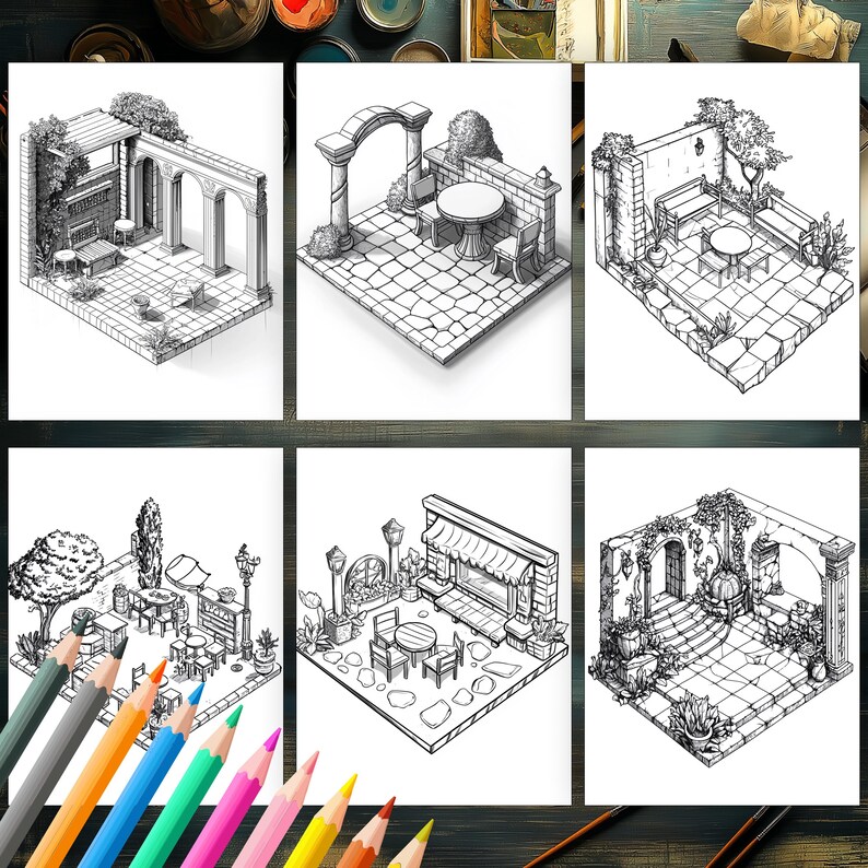50 Isometric Home Patio Coloring Pages | Pocket Room Coloring Book ...