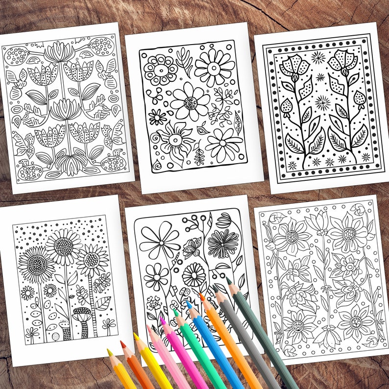 50 Boho Flowers Coloring Page | Folk Florals Digital Coloring Pages ...