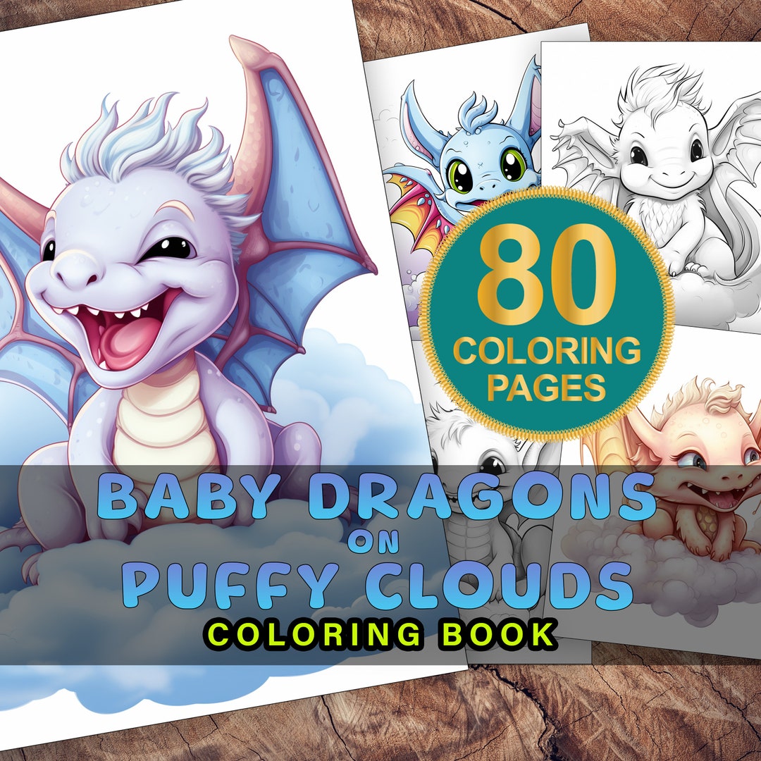 Baby Dragon Coloring Page Book, Dragons on Puffy Clouds, Fantasy ...
