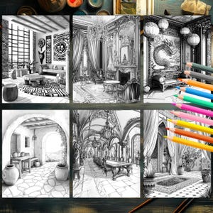 50 Fantasy Interior Coloring Pages | Grayscale Designs for Adults and ...