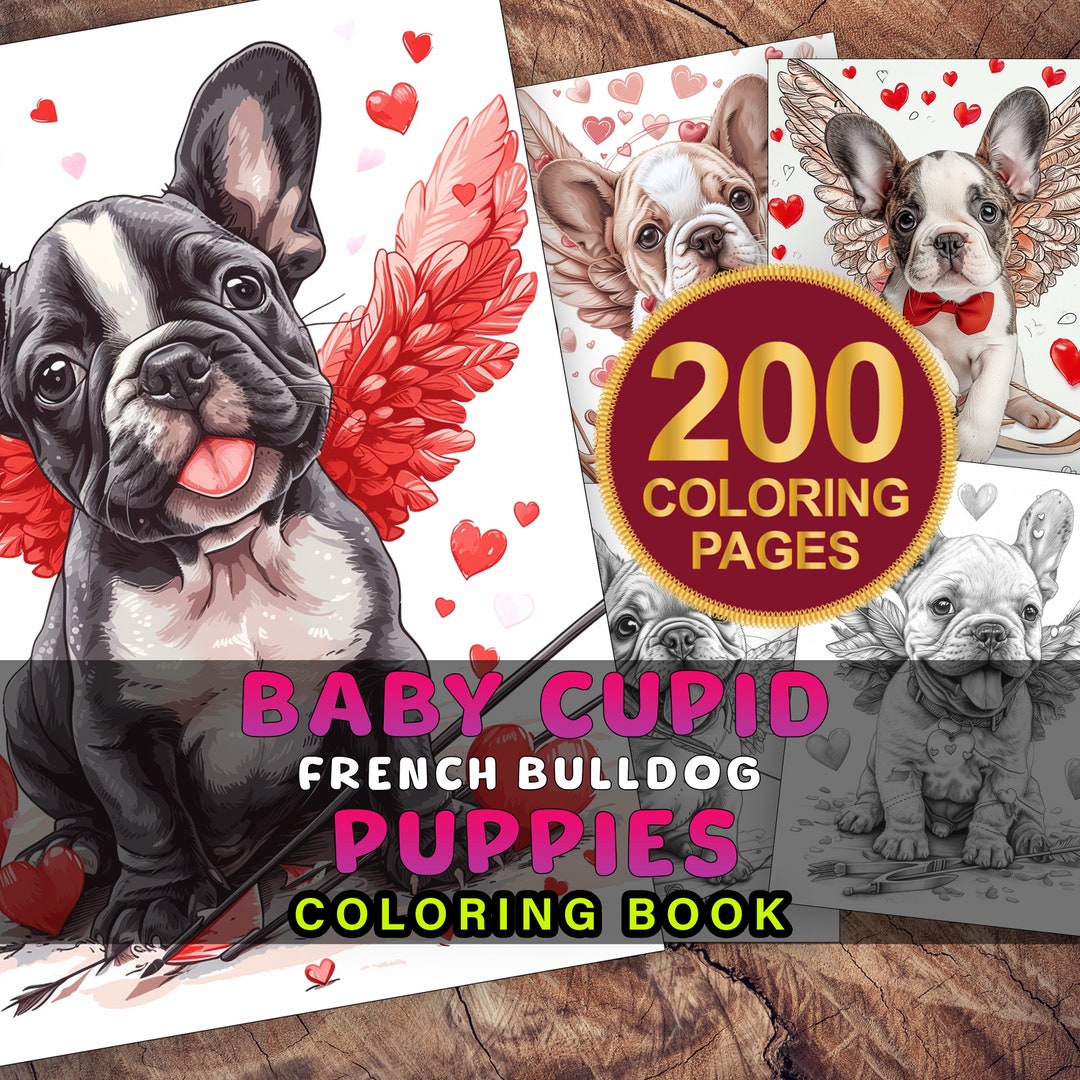 Dogs Coloring Book, Cupid French Bulldog Puppy, Grayscale Coloring Book ...