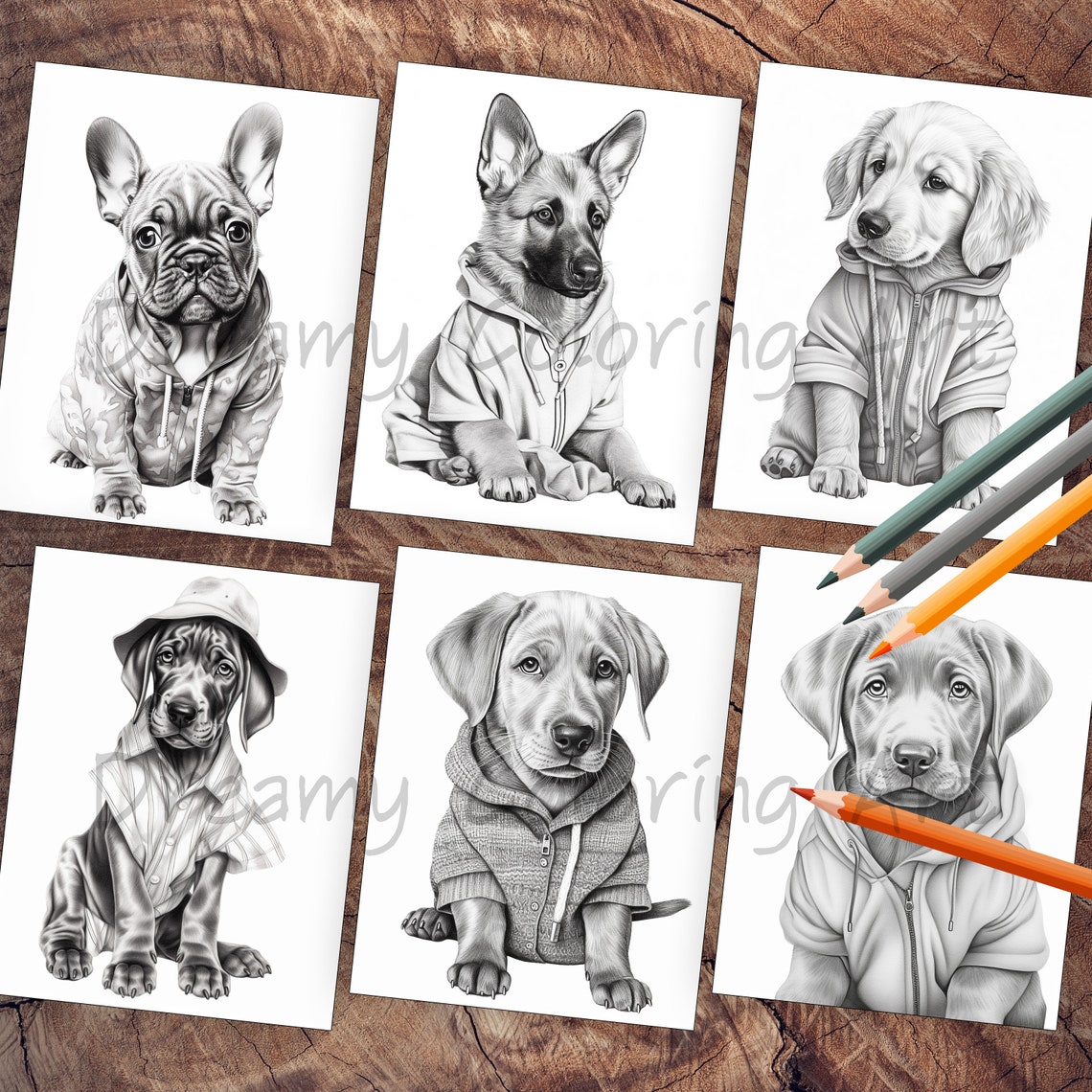 Dogs Coloring Page Book, Adults Kids, Instant Download Grayscale ...